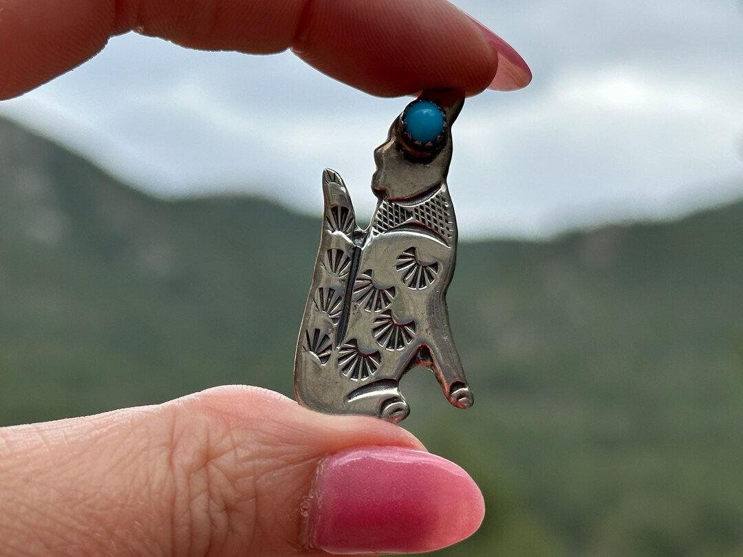 Navajo Coyote Sterling Silver and Turquoise Pin Brooch - Etsy