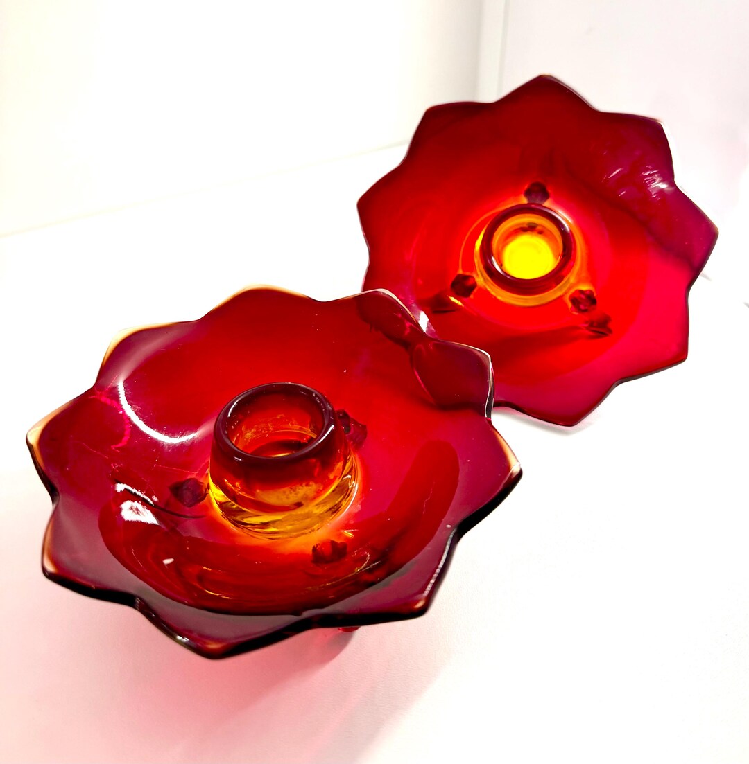 Stunning! Vintage Fenton Ruby Red Amberina Glass Footed Lotus Flower ...