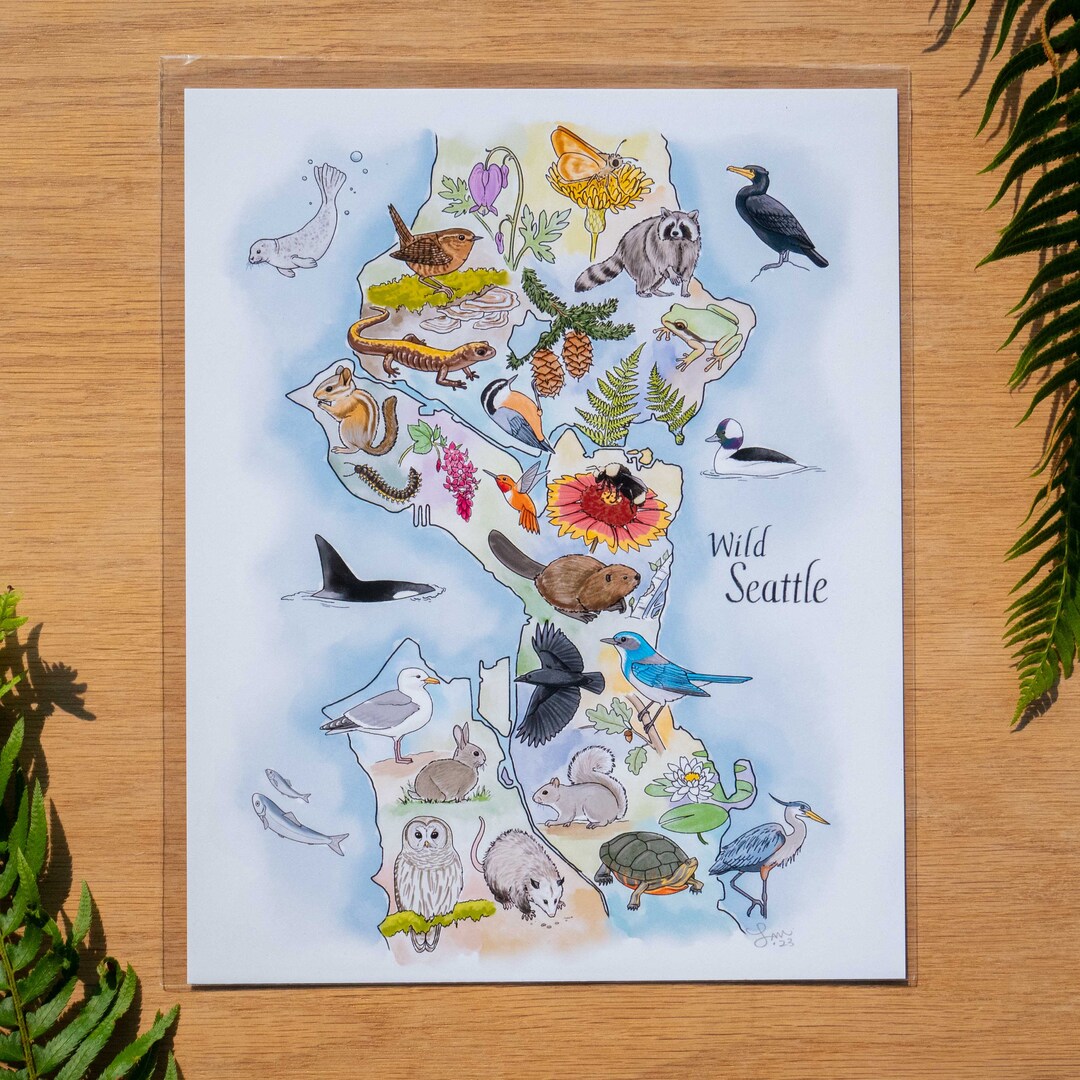 Wild Seattle Map 8x10 Fine Art Print Seattle Flora and Fauna - Etsy