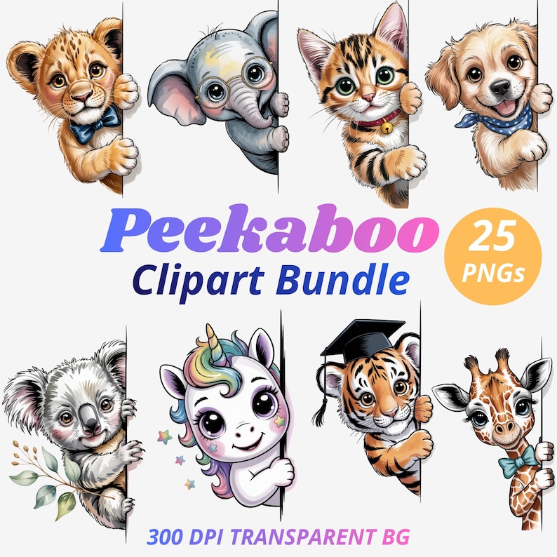 Peekaboo Baby Animals Clipart Bundle, Cute Watercolor Animal PNG ...