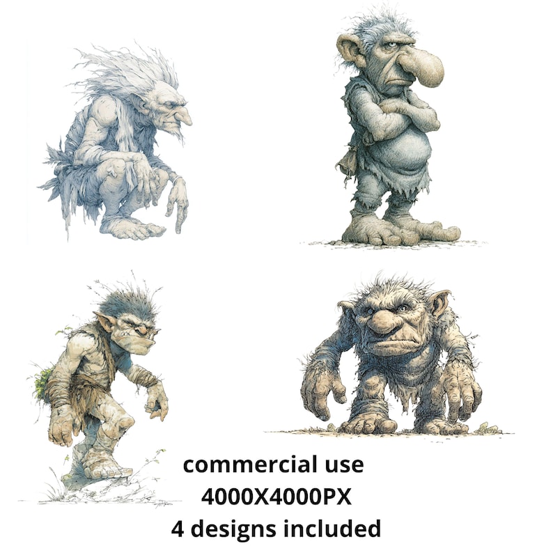 4 Trollen in aquarel PNG SVG | Illustratie van een fantasiewezen ...