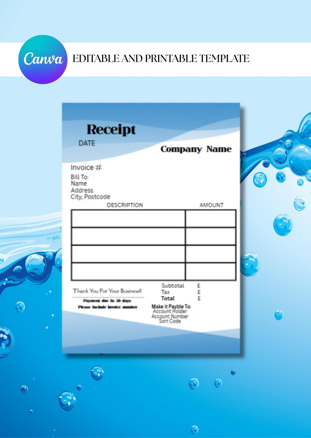 Blue Wave Receipt Editable & Printable Small Business Template Digital ...
