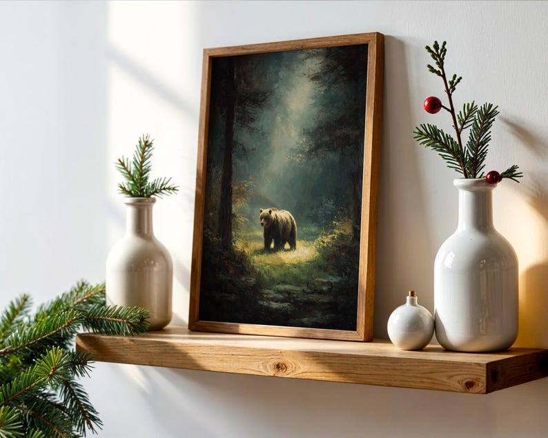 Bear Painting Art Print: Dark Academia Forest Animal, Moody Woodland ...