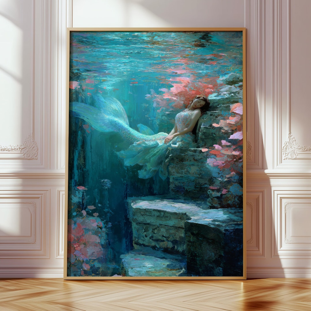 Mermaid Poster, Underwater Ruins Print, Bathroom Decor, Beach House Art ...