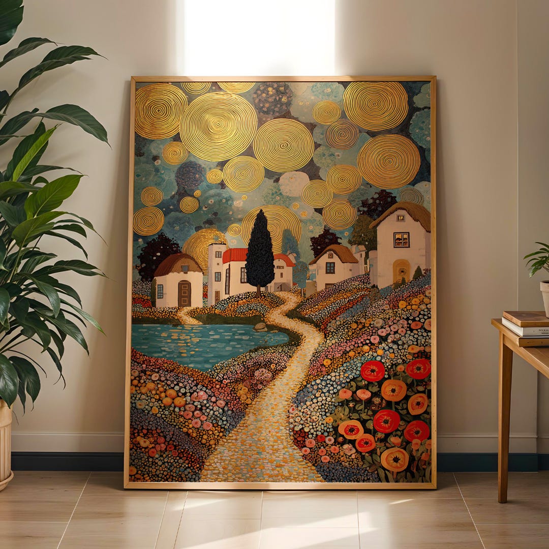 Gustav Klimt Village Path Print, Golden Sky Landscape Poster, Modern ...
