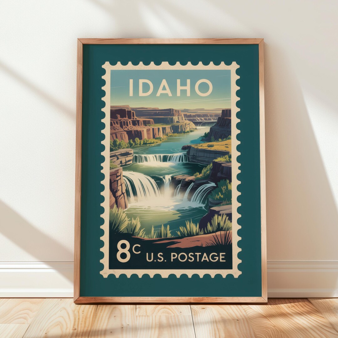Idaho State Stamp Decor Print: Vintage Postage Canyon Waterfall Travel ...