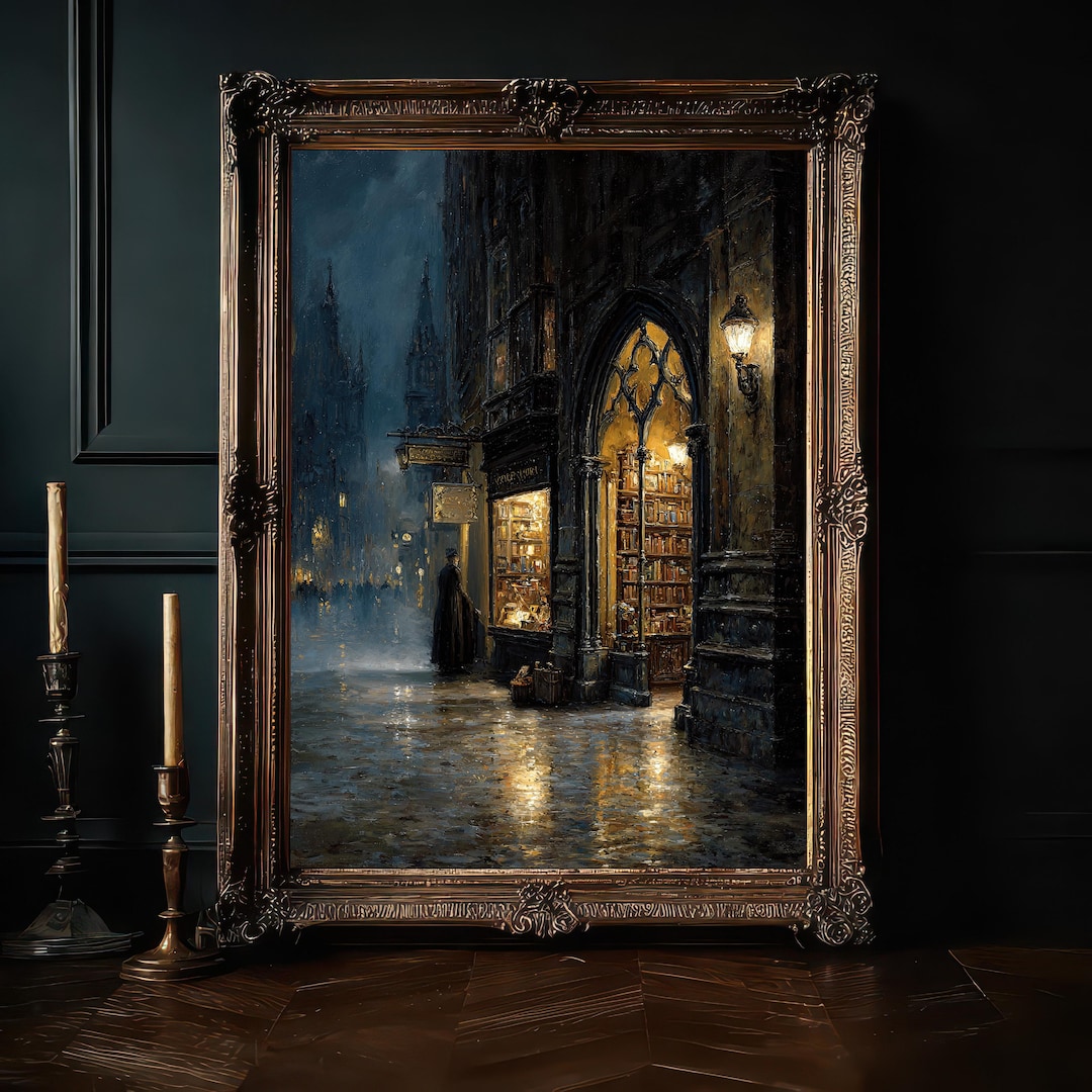 Victorian Bookshop Wall Art, Gothic Street Scene Print, Moody Literary ...