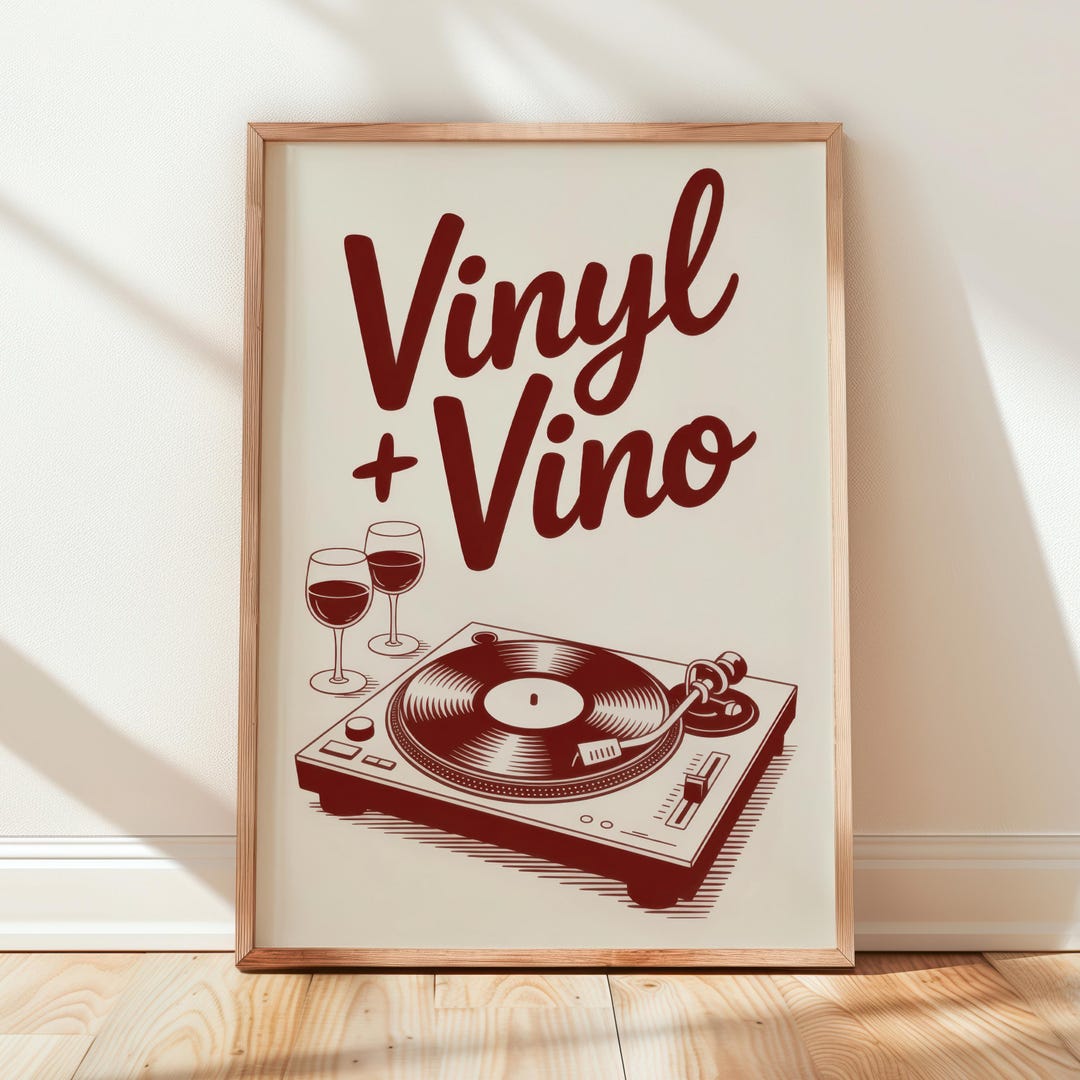 Vinyl Record Art Print: Wine Turntable Illustration, Retro Music Bar ...