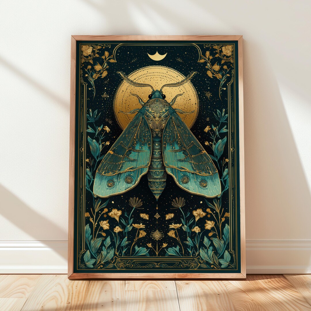 Victorian Botanical Moth Art Print: Celestial Gold Teal Illustration ...