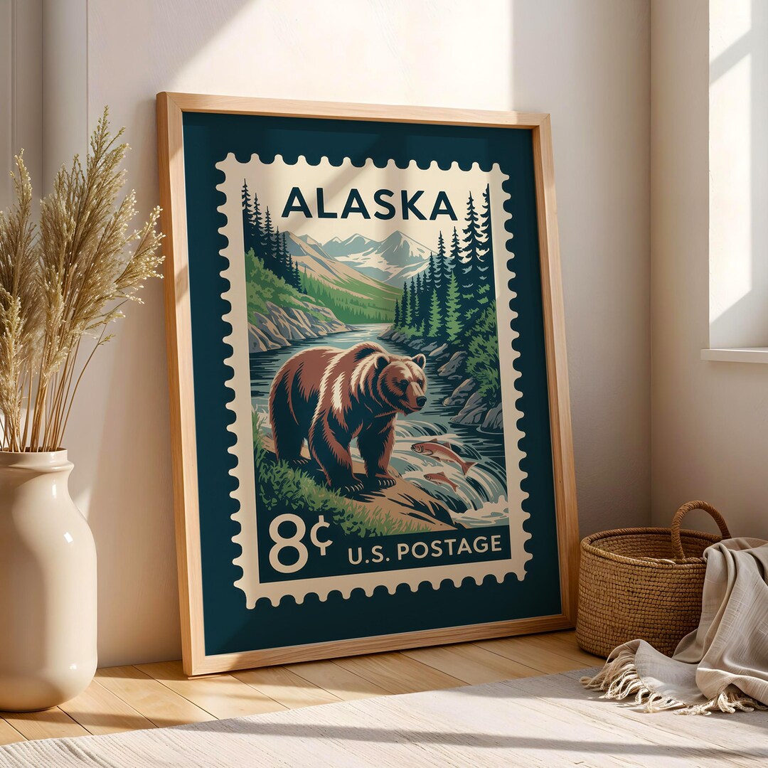 State Postage Stamp Print: Alaska Vintage Travel Poster, Retro American ...