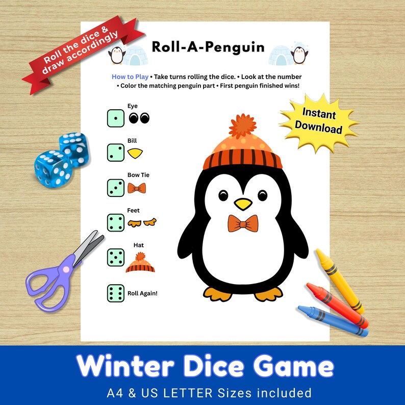 Winter Dice Game Printable for Kids, Roll a Penguin, Classroom Winter ...