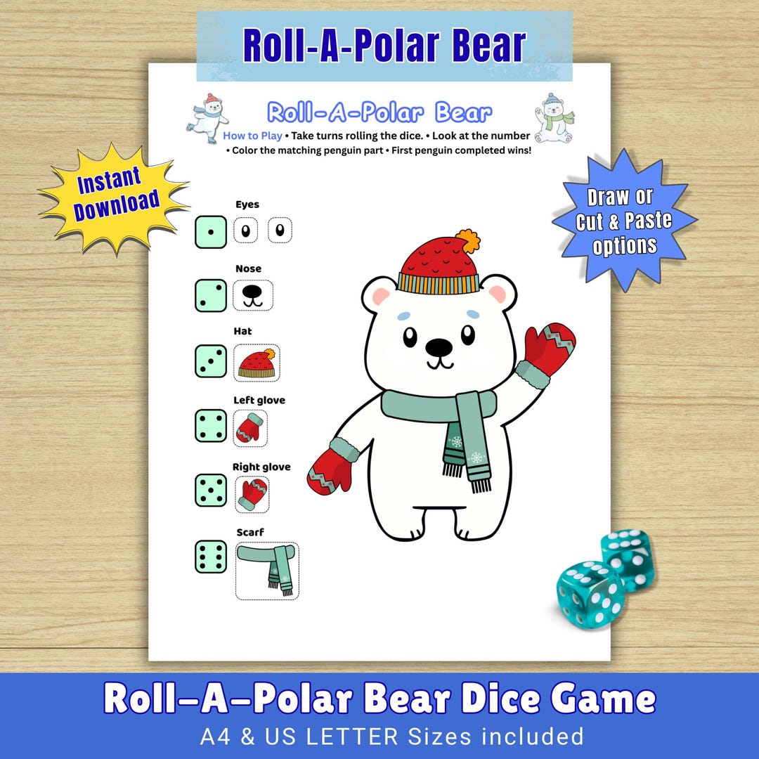 Roll a Polar Bear Dice Game – Winter Art Project (printable Digital ...