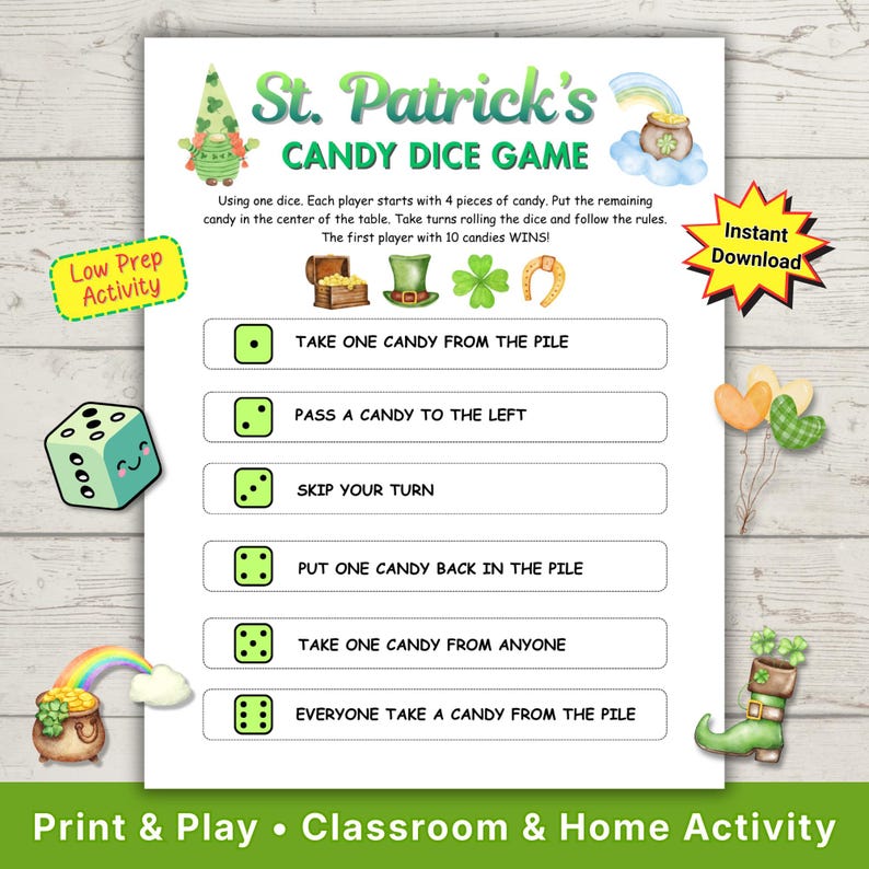 St. Patrick's Candy Dice Game, Kids Classroom Activity (PDF Download ...
