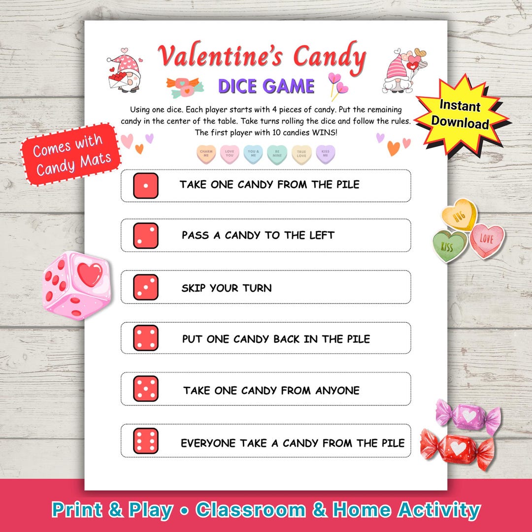 Valentine Candy Dice Game for Kids Printable | Fun Classroom Game | Kid ...
