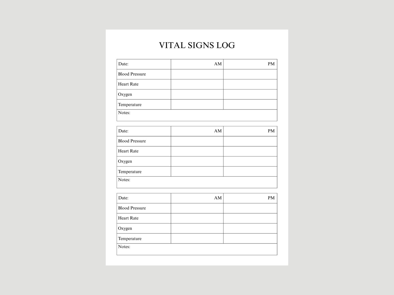 Vital Signs Log. Printable Vital Sign Chart. Nursing Vitals Sheet ...