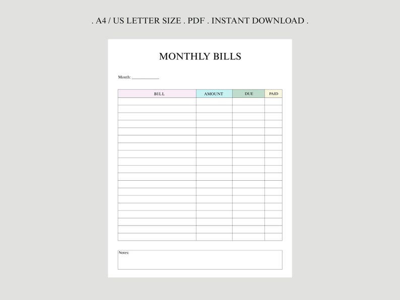 Monthly Bills With Color Printable: Income Tracker, Financial Planning ...
