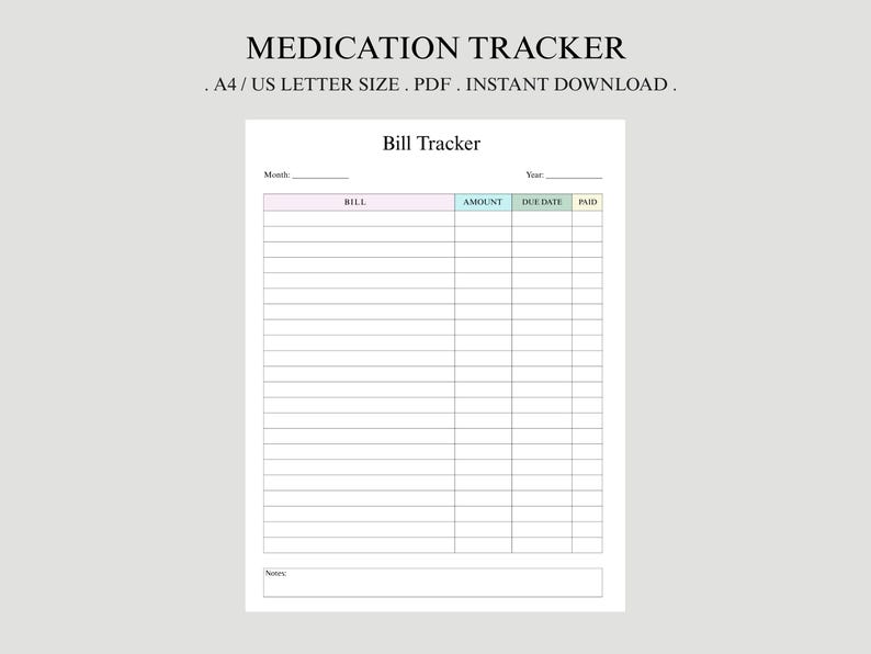 Bill Tracker & Medication Log Printable (PDF Download) - Etsy