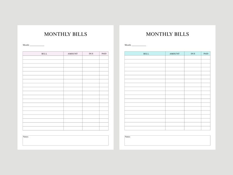 Monthly Bills With Color Printable: Income Tracker, Financial Planning ...