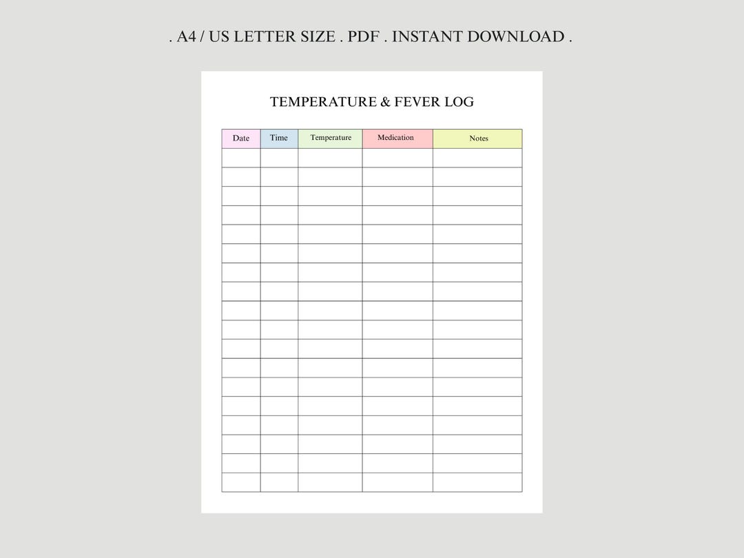 Fever & Temperature Log, Sick Child Tracker (PDF, A4/US Letter Sizes ...