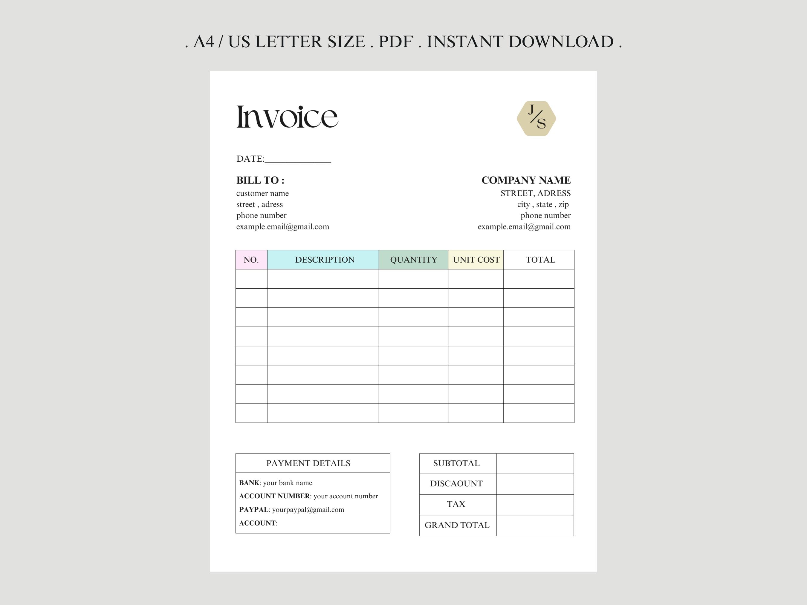 Color Invoice Template: Small Business Custom Order Form (PDF, Instant ...