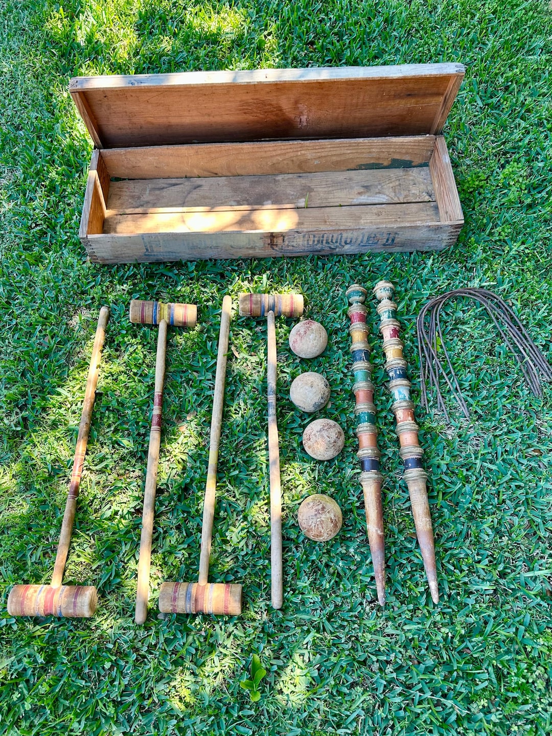 Vintage Hand-painted Wooden Croquet Set | Turned Mallets, Stakes ...
