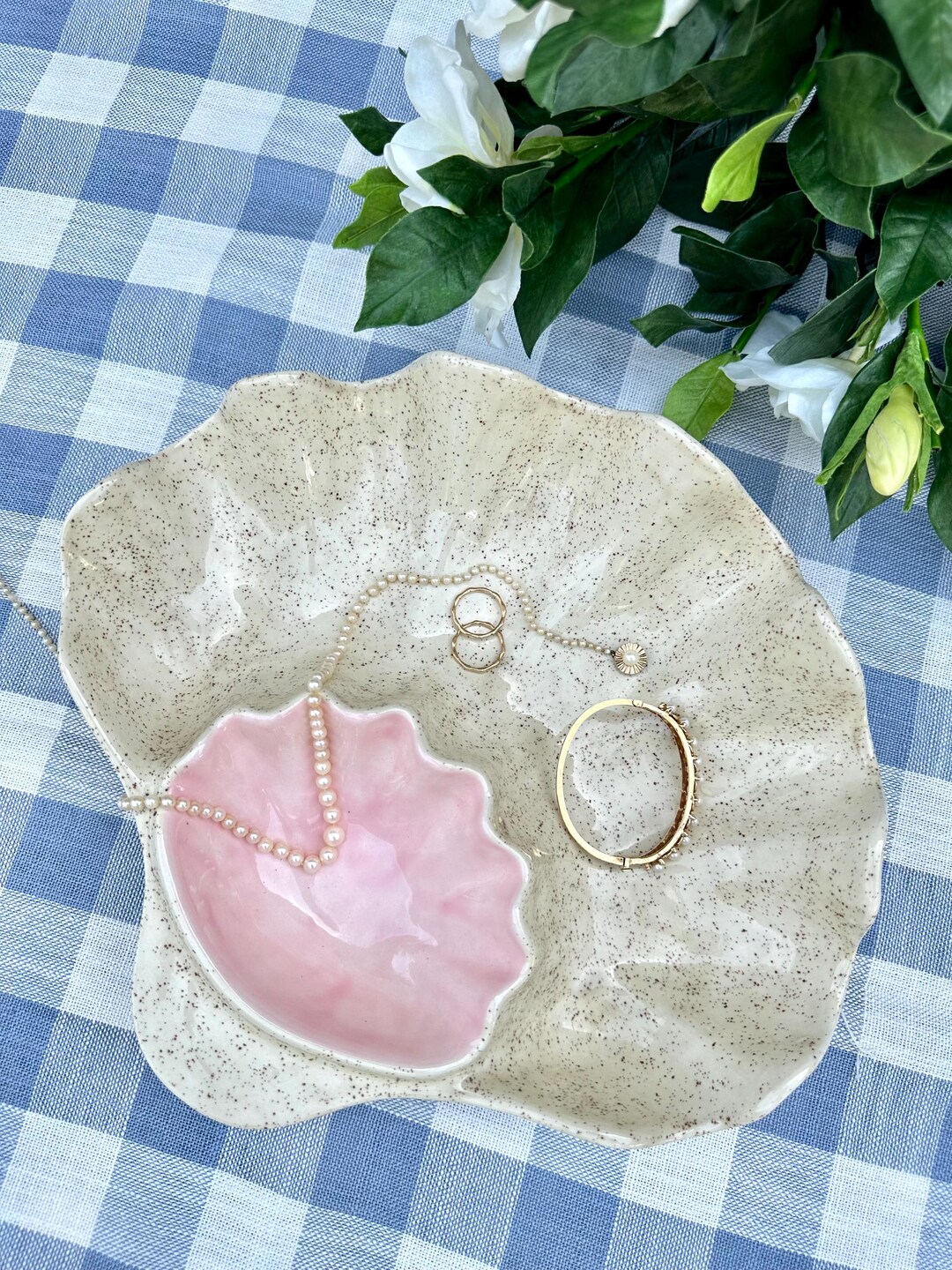 Ceramic Shell Divided Tray With Pink Dip Bowl / Decorative Bowl - Etsy