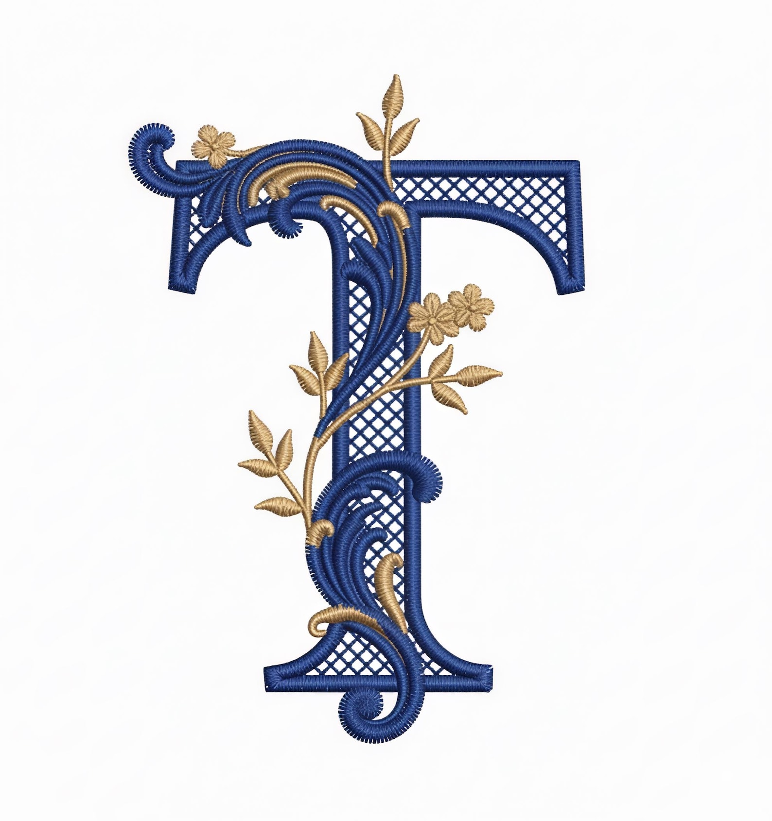Letter T Embroidery Design, Baroque Floral Monogram T, Royal Blue and ...