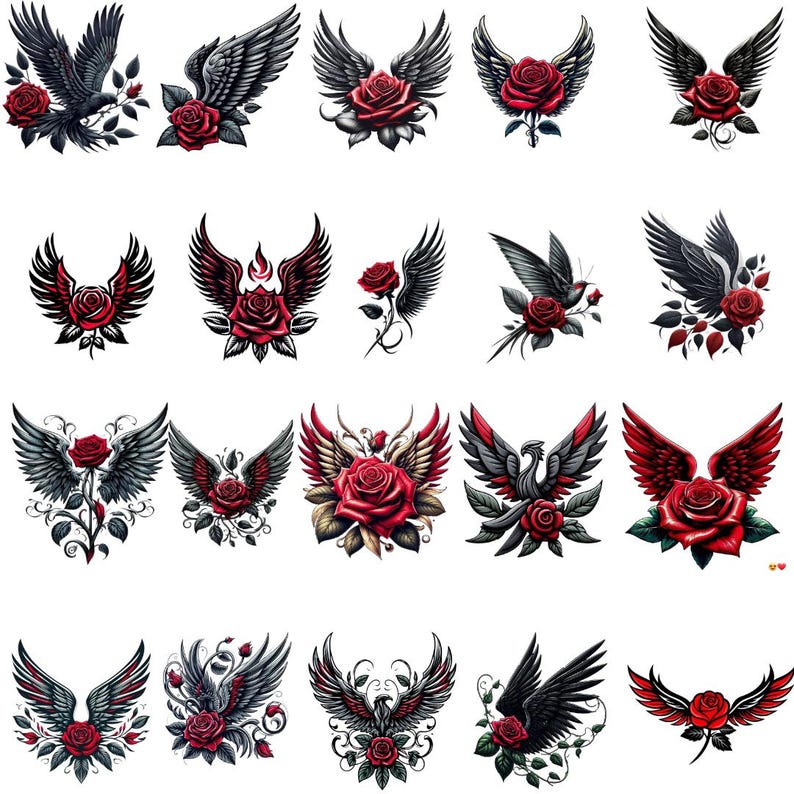 Winged Red Rose Tattoo PNG | Gothic Angel Wings Design (digital ...