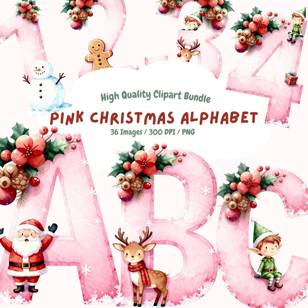 Pink Christmas Alphabet Clipart – Pastel Letters & Numbers With Santa ...