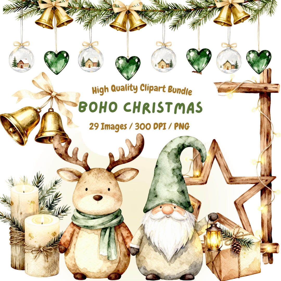 Boho Christmas Clipart Bundle – Watercolour Rustic Holiday PNG ...