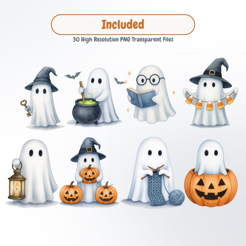 Silent Phantoms Clipart Bundle – Pastel Ghosts & Halloween Pumpkins PNG ...