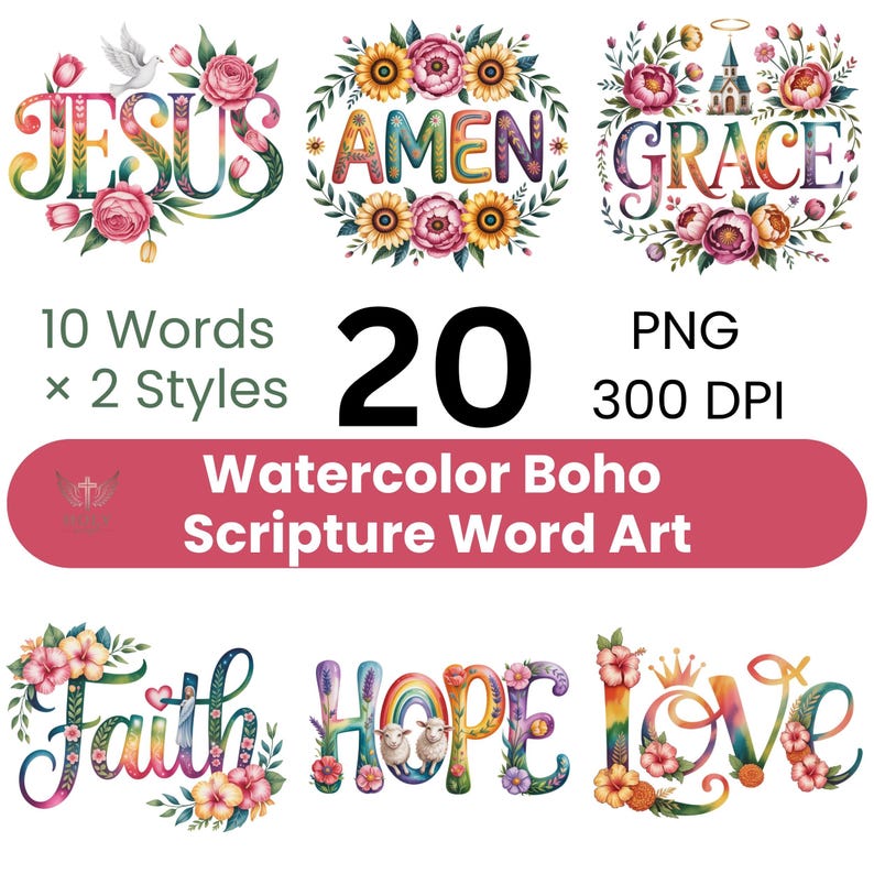 Watercolor Boho Scripture Word Art Bundle | 20 PNG Christian Bible ...