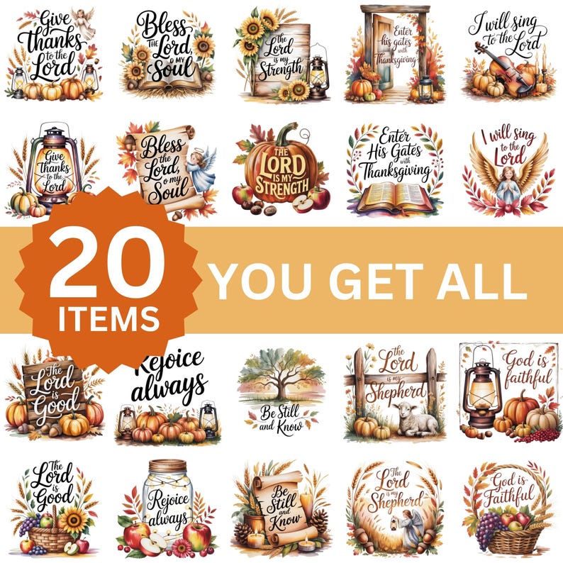 Watercolor Fall Bible Verse PNG Bundle | 20 Thanksgiving Scripture Word ...