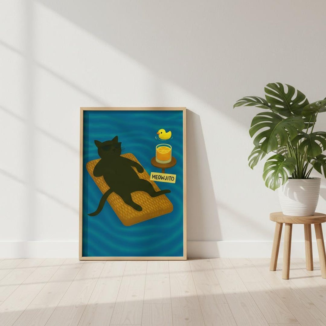 Humorous Black Cat Pool Float Art Print - Summer Vibes Wall Decor - Etsy