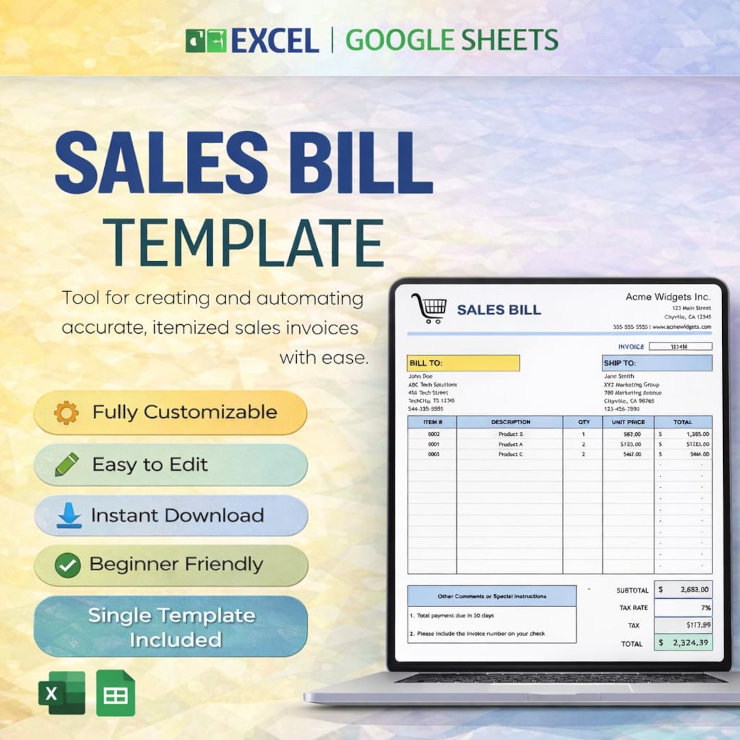 Sales Bill Template | Editable Invoice & Billing Form | Professional ...