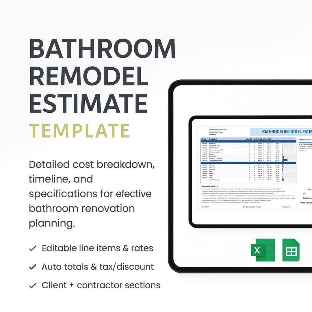 Bathroom Remodel Estimate Template Excel | Renovation Cost Calculator | Home Improvement Budget ...