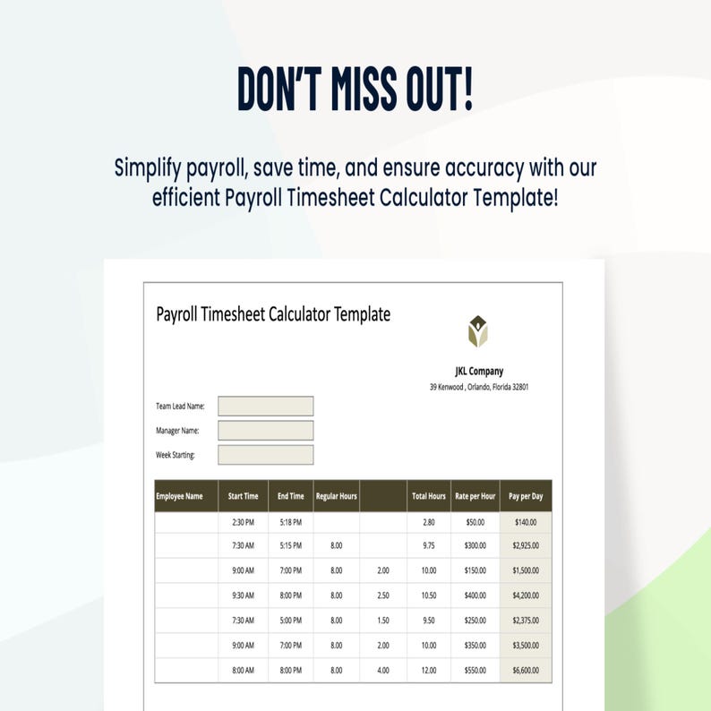 Payroll Timesheet Calculator Template – Work Hours, Overtime & Pay ...