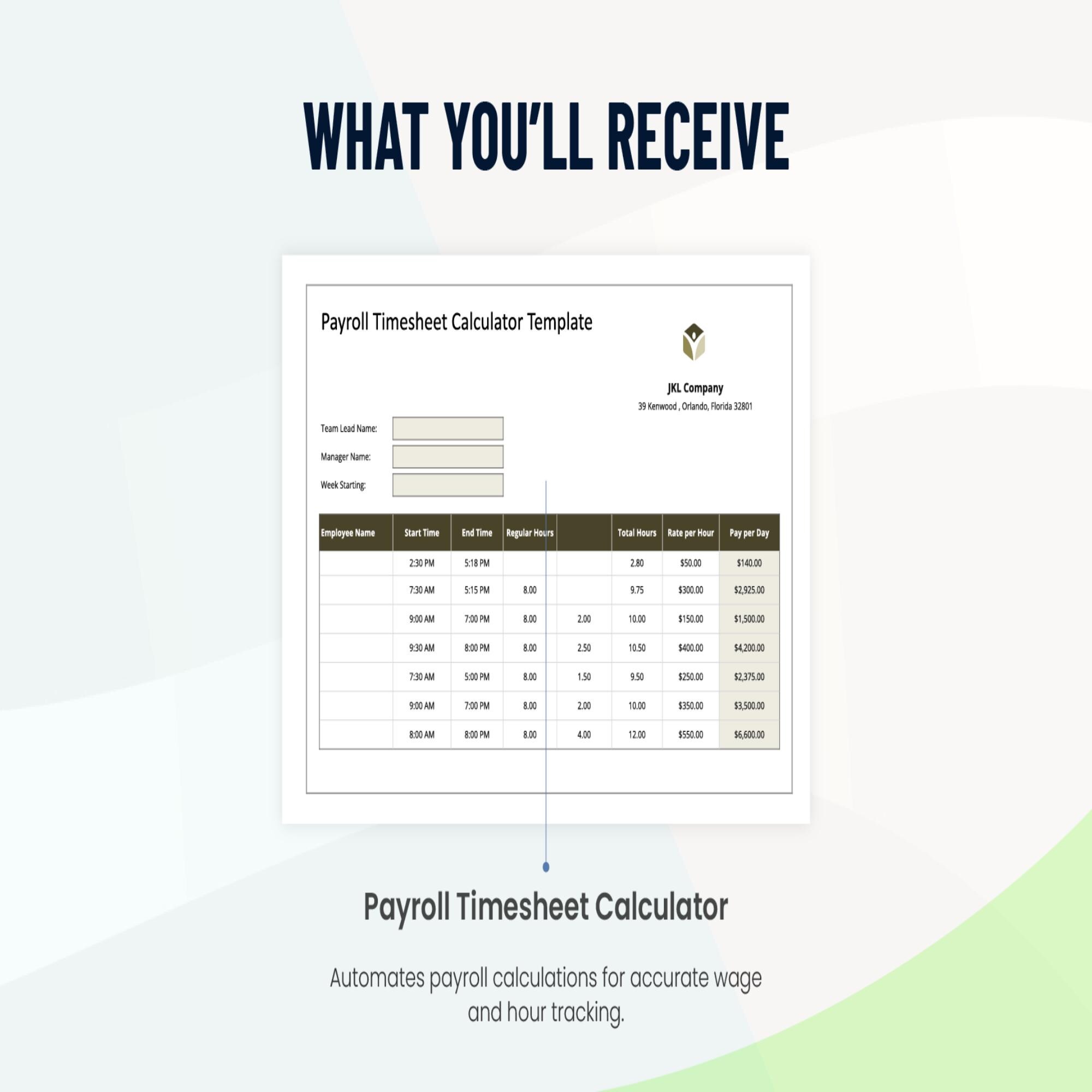 Payroll Timesheet Calculator Template – Work Hours, Overtime & Pay Tracking Tool | Editable ...