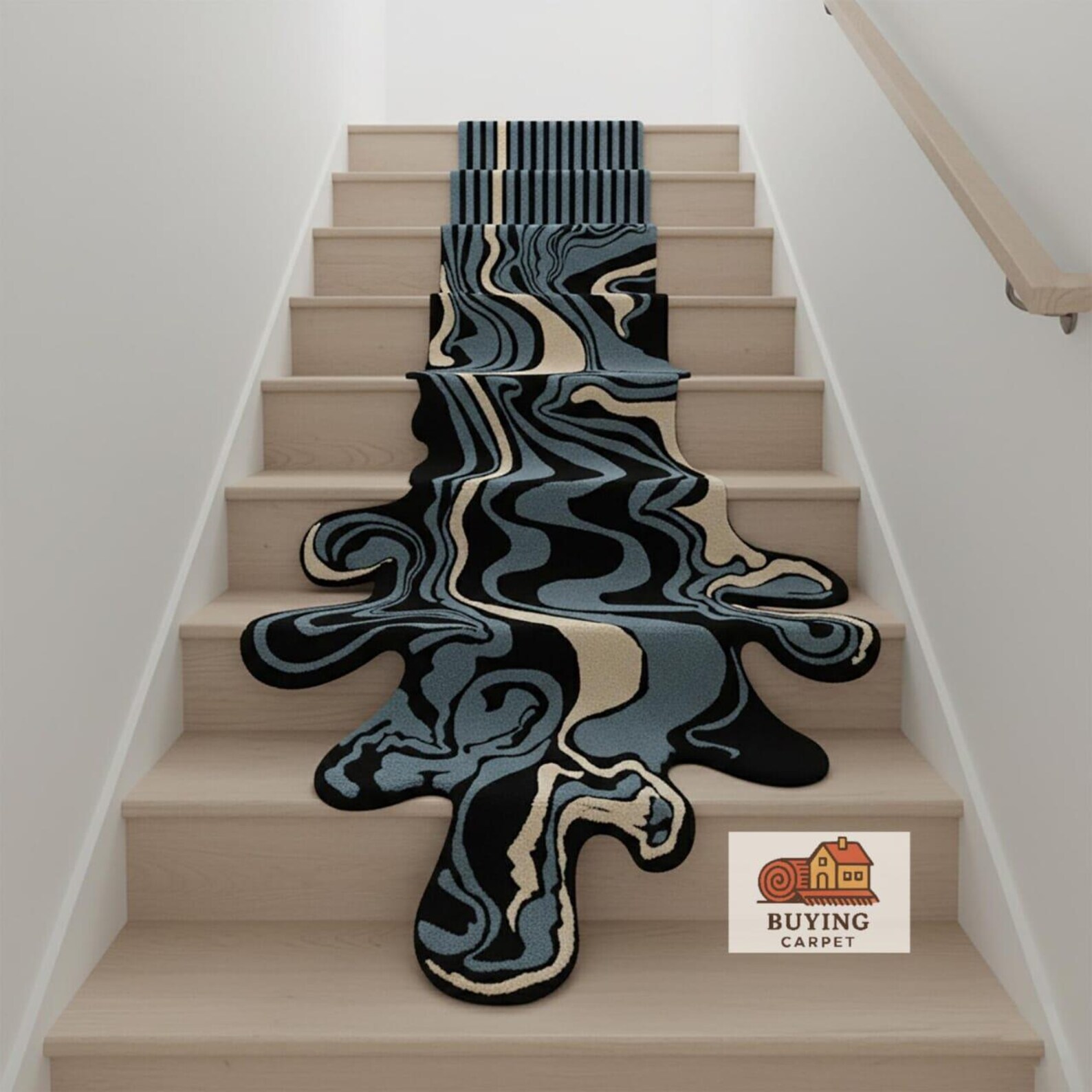 Hand Made Tufted Black & Dark Blue Wave Pattern Rug– Contemporary ...