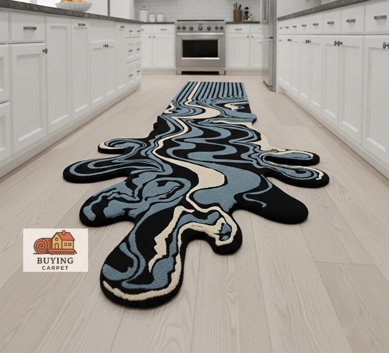 Hand Made Tufted Black & Dark Blue Wave Pattern Rug– Contemporary ...