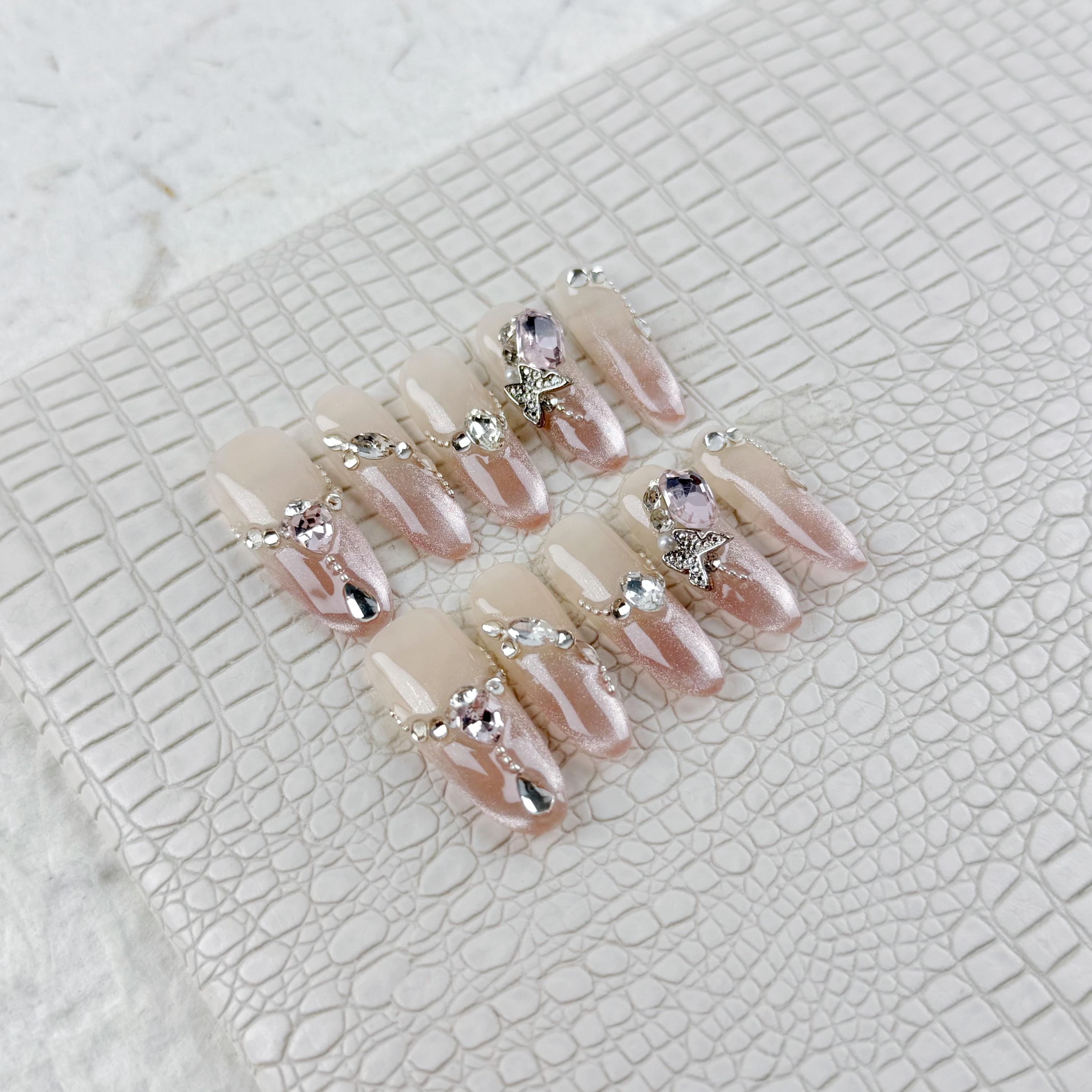 Dreamy Pink Apricot Gradient Long Almond Press on Nails With Crystals ...
