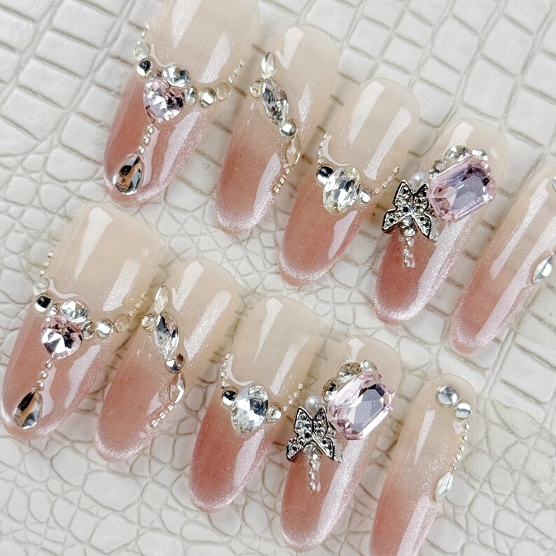 Dreamy Pink Apricot Gradient Long Almond Press on Nails With Crystals ...