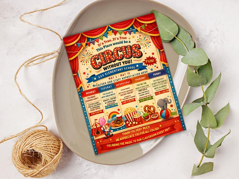 Circus Theme Teacher Appreciation Itinerary Poster, Editable Event ...