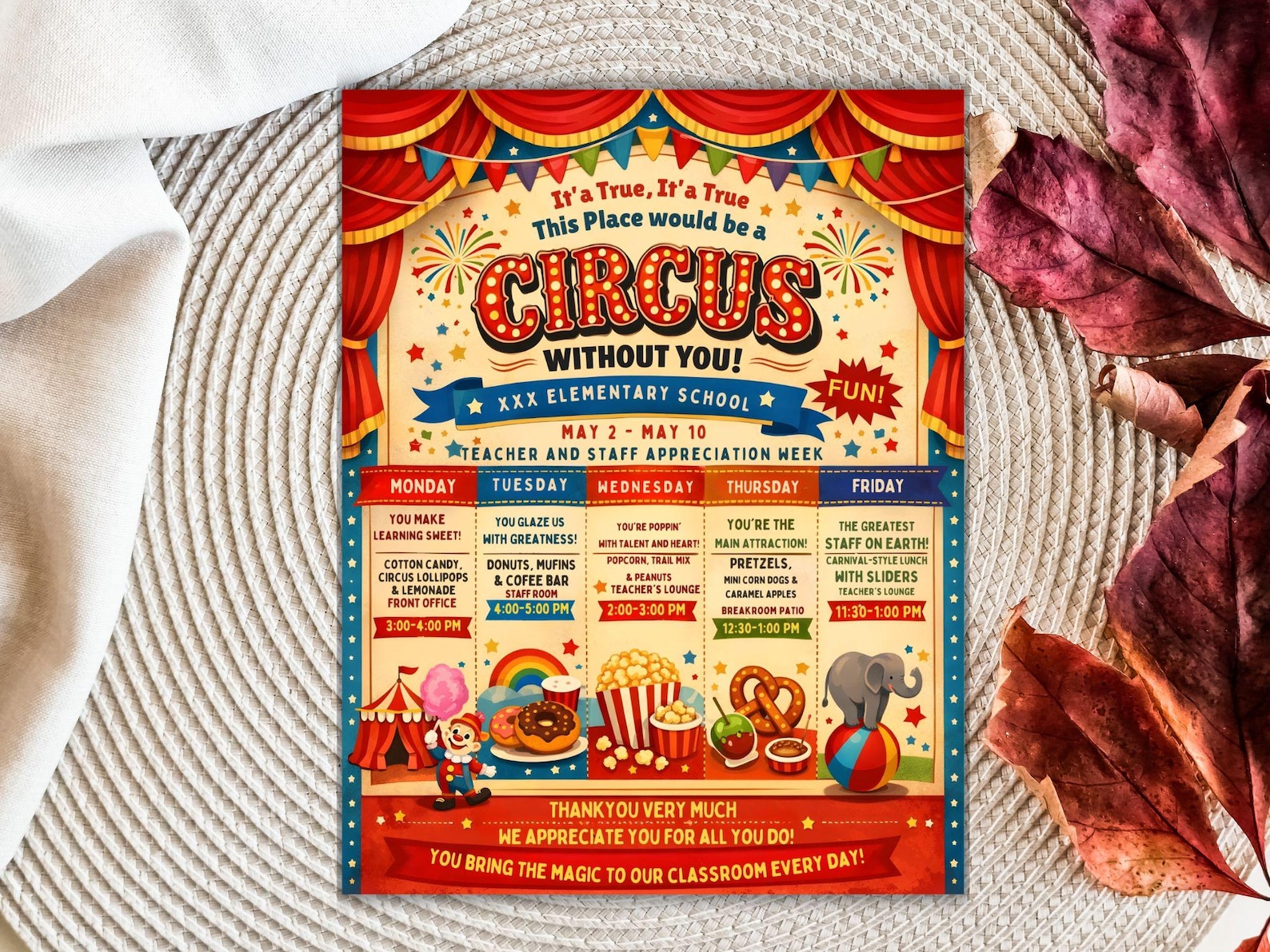 Circus Theme Teacher Appreciation Itinerary Poster, Editable Event ...