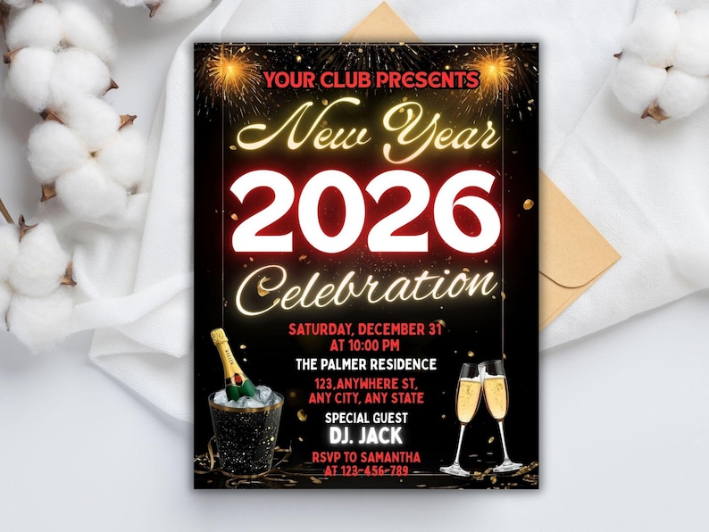 New Year 2026 Party Flyer, Nightclub Event, DIY Template (digital ...