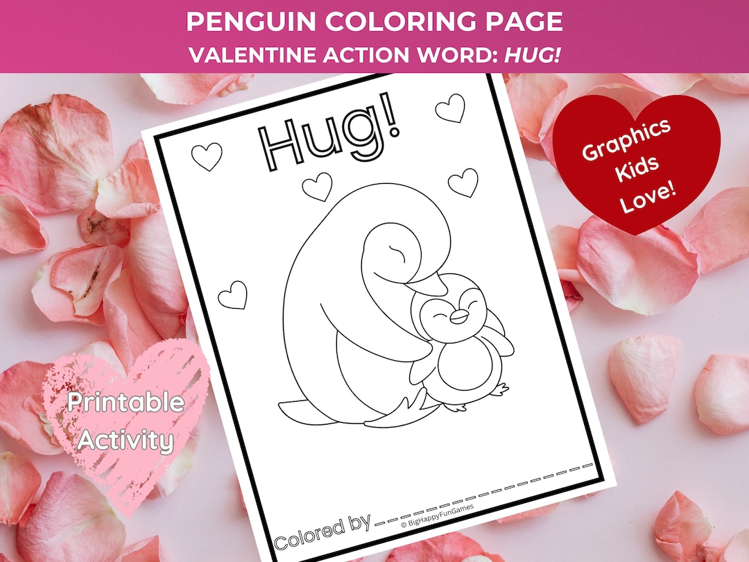 Valentine Penguin Coloring Page | Hug Action Word | Penguin Valentine ...