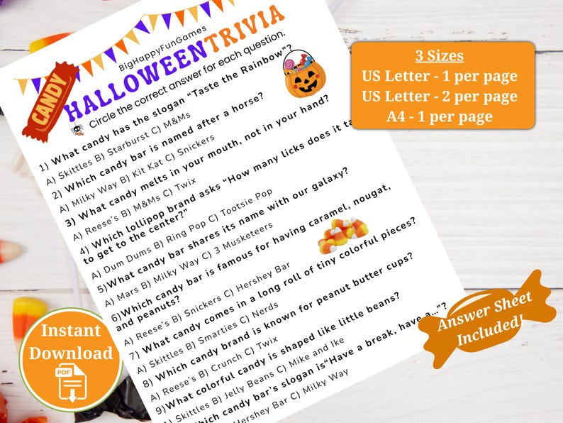 Halloween Candy Trivia Game | Printable Kids Party Activity (instant ...