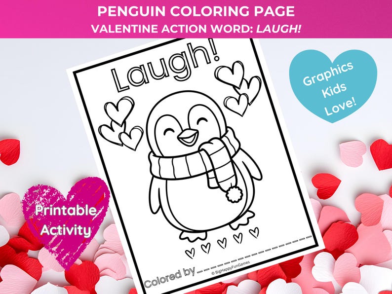 Valentine Penguin Coloring Page | Laugh Action Word | Penguin Valentine ...