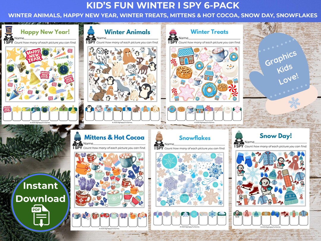 Winter I Spy 6-pack | Winter Animals, Snowflakes, Snow Day, Hot Cocoa ...