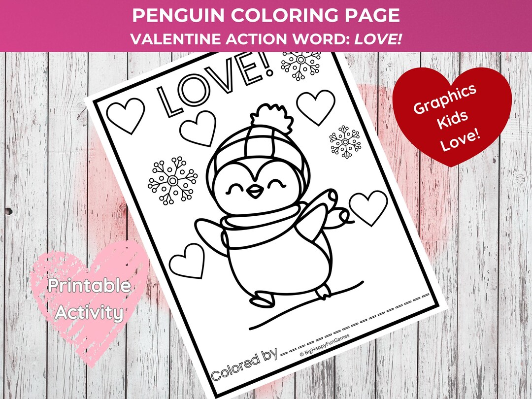 Valentine Penguin Coloring Page | Love Action Word | Penguin Valentine ...